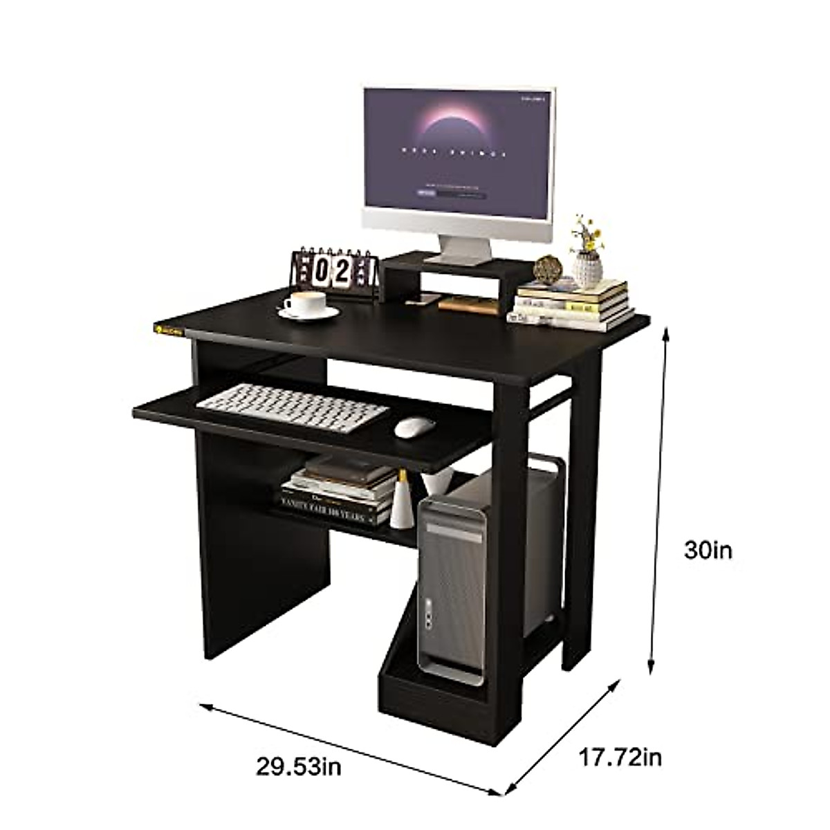 YQ JENMW 29in Computer Desk with Monitor Stand and Keyboard Tray for Small Space, Wood PC Laptop for Bedroom, Writing Table with Shelves for Kids, Black