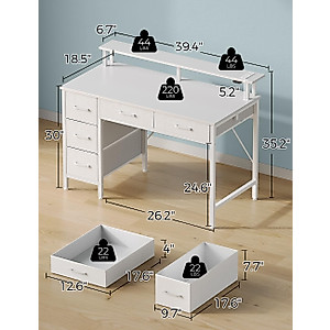 Seventable Computer Desk with Power Outlets & LED Light, 39 inch Home Office Desk with 5 Drawers, Writing Desk with Monitor Stand, Work Desk for Home Office, White