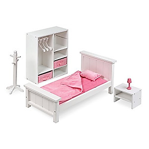Badger Basket Toy Bedroom Furniture Set with Doll Bed, Armoire, and Nightstand for 18 inch Dolls - Pink/White