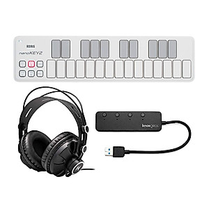 Korg nanoKEY 25-Key Slim-Line USB MIDI Controller (White) Bundle with Closed-Back Studio Monitor Headphones and 4-Port USB Hub (3 Items)