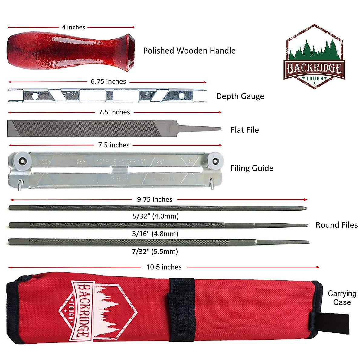 Chainsaw Sharpener File Kit – Flat, 5/32, 3/16, 7/32 Inch Round Files, Raker Tooth Depth Gauge, Blade Filing Guide, Wood Handle & Tool Pouch – used to Sharpen Chain Saw Teeth - 8 Piece Sharpening Set