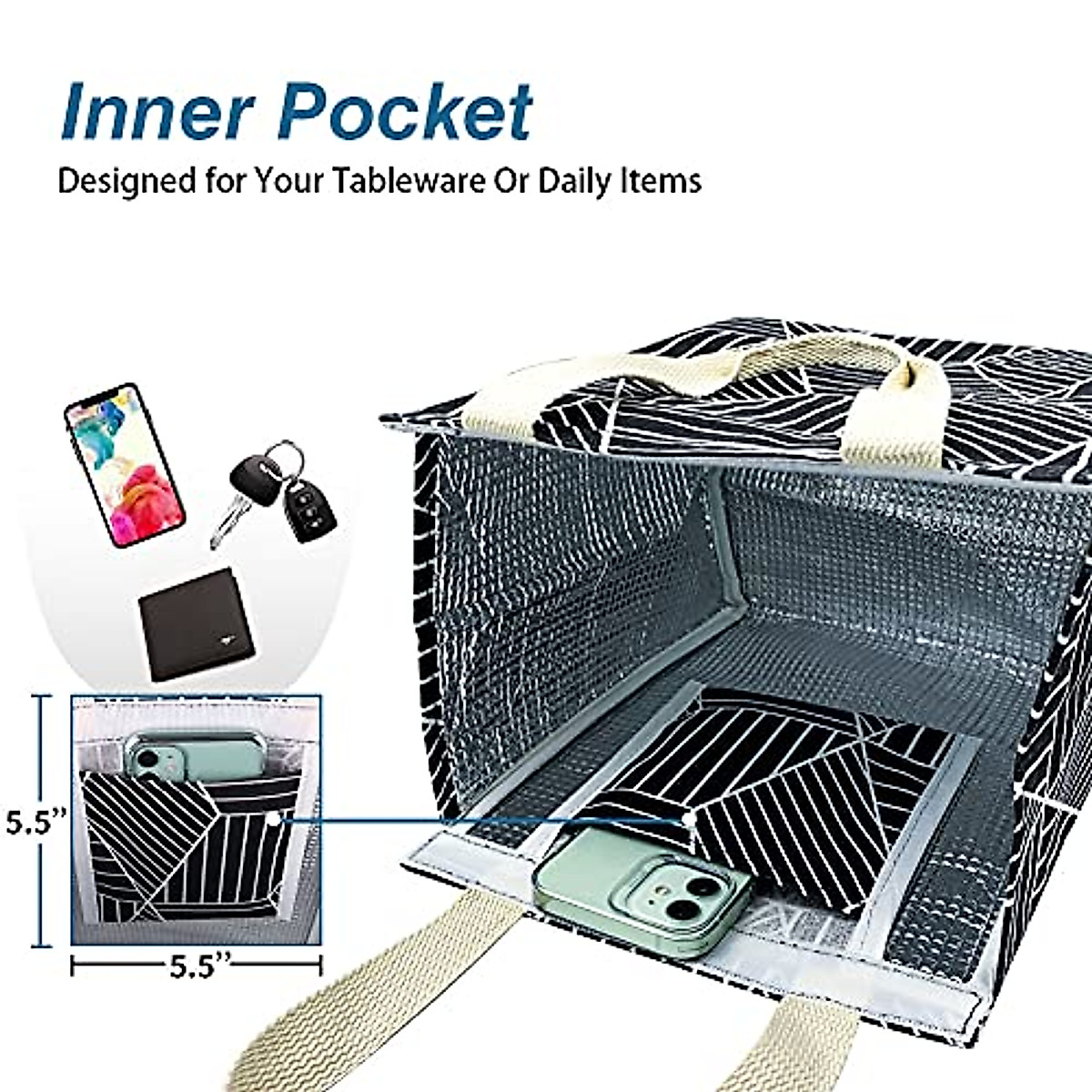 iknoe Insulated Lunch Bag for Women, Durable Wide-Open Foldable & Portable Lunch Tote with Interior Pockets, Water-Resistant Thermal Lunch Cooler for Adults Picnic Beach-Black Rhombus