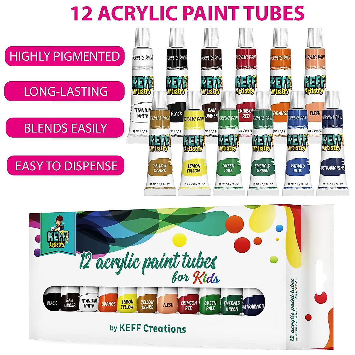 KEFF Paint Set for Kids, Art for Kids - Paint Kit with Non Toxic Washable Acrylic Paint for Kids - Kids Painting Set with Pre-Drawn Canvas Boards, Easel, Brushes, Kids Paint, Palette & Smock for Girls