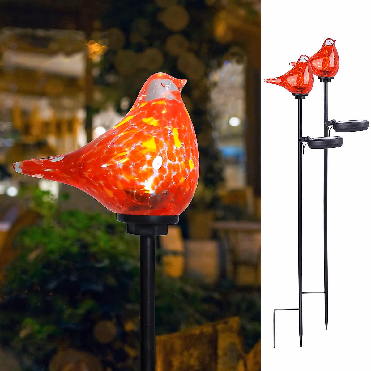 Solar Garden Lights Outdoor Decorative - Cardinal Solar Garden Stake Lights Handblown Glass Garden Stake Decorative Solar Pathway Lights for Garden, Lawn, Patio, Yard(2 Pack)