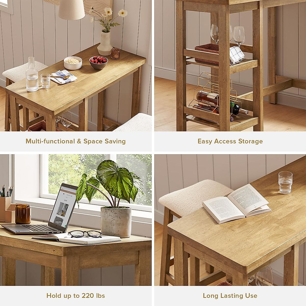 mopio Kelly Solid Wood Counter Table Set with 2 Boucle Stools, 3-Piece Dining Table Set for 2, Small Kitchen Island Table with Storage Shelves, for Living Room, Dining Room, Kitchen