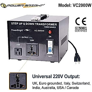 PowerBright Step Up & Down Transformer, Power ON/Off Switch, Can be Used in 110 Volt Countries and 220 Volt Countries, Convert from 220-240 Volt to 110-120 Volt & from 110-120 Volt to 220-240 (2000W)