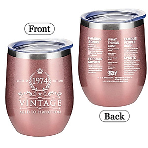 50th Birthday Gifts for Women and Men - 1974 50th Birthday Decorations - 12 Oz Insulated Stainless Steel Wine Tumbler with Lid for Her Wife Mom Grandma Aunt Friend, Rose Gold
