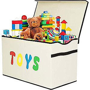 YOLOXO 2 Pack Large Kids Toy Box Chest Storage Organizer with Flip-Top Lid Dark Grey+Beige