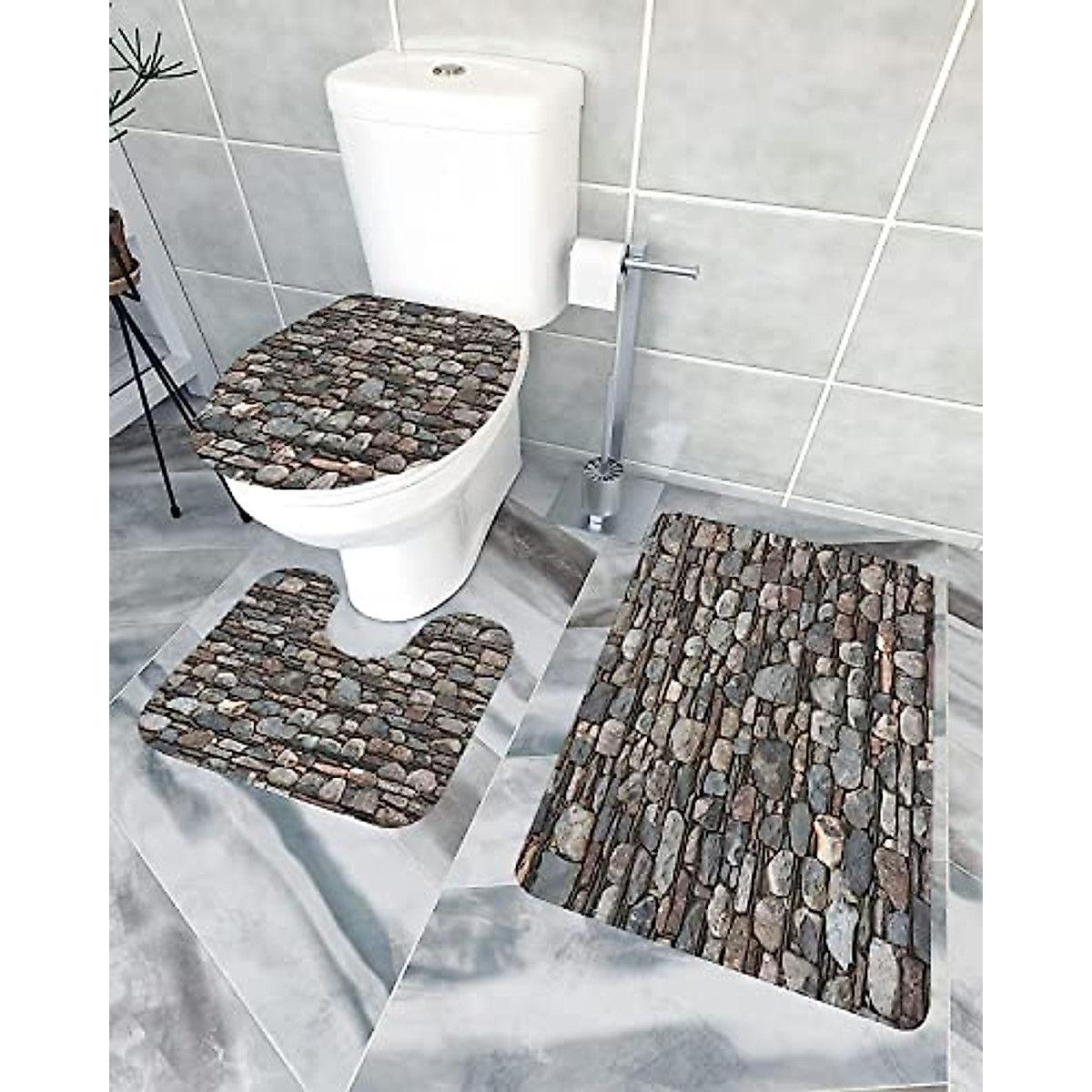 Apular Fashion 3 Piece Bath Rugs Set Rustic Old Stone Wall Non Slip Ultra Soft Bathroom Accessories Mats, U Shape Mat and Toilet Lid Cover Mat Bath Mats