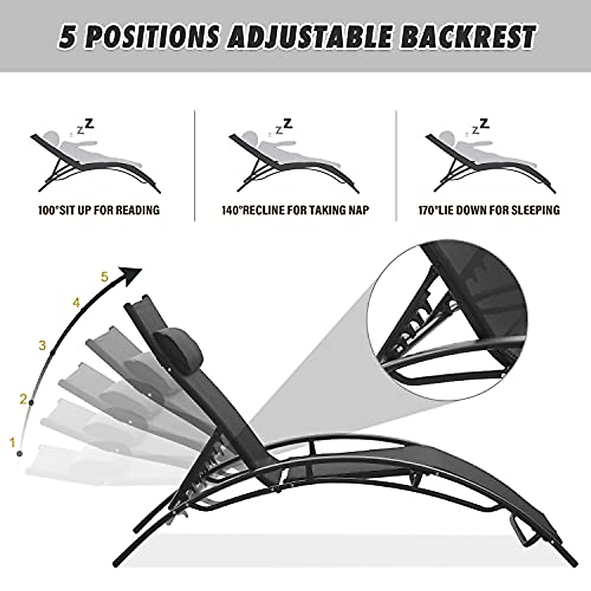 Ainfox Outdoor Chaise Lounge Chairs, Patio Adjustable Lounge Chairs Set of 2, Beach Pool Sunbathing Lawn Lounger Recliner Chair with Armrest and Removable Cushions(Black)