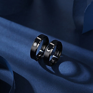 Customized Engagement Wedding Ring Matching Rings for Couples Sun and Moon Ring Promise Couple Ring Personalized Band Sets for Him and Her Stainless Steel High Polished Comfort Fit Black (1)