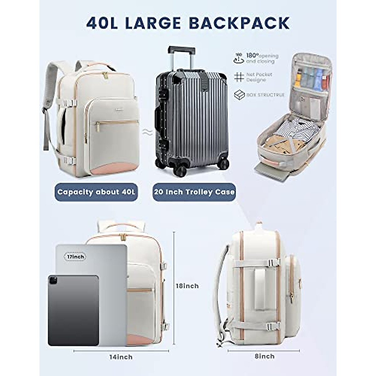 LOVEVOOK Carry on Backpack, 40L Travel Backpack as Personal Item Flight Approved, Waterproof Large TSA 17inch Laptop Backpack Luggage Daypack Business Weekender Overnight with 3 Packing Cubes, Grey