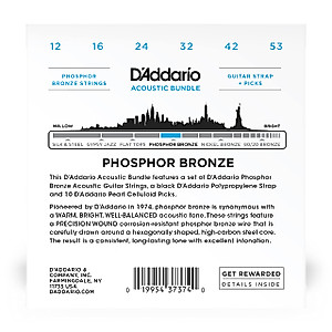 D'Addario Acoustic Guitar Strings, Picks, Strap Beginner Kit - EJ16 Phosphor Bronze Acoustic Strings, 12-53 Light - Poly Pro Black Guitar Strap - 10 pack Celluloid Assorted, Medium Gauge Guitar Picks