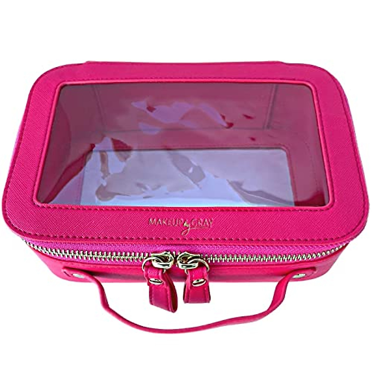 Makeup by Gray TSA Approved Toiletry Bag for Women, Clear Makeup Bag, Heavy Duty Cosmetic Bag for Traveling- Water Resistant, Luxury Vegan Leather (Hot Pink)