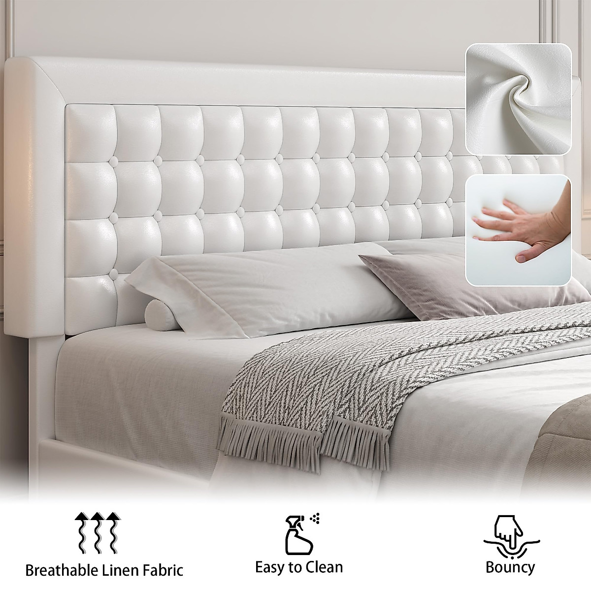 HIFIT Full Size Bed Frame, Full Modern PU Leather Upholstered Platform Bed with Button Tufted Adjustable Headboard and Solid Wood Slats Foundation, No Box Spring Needed, No Noise, Easy Assembly, White
