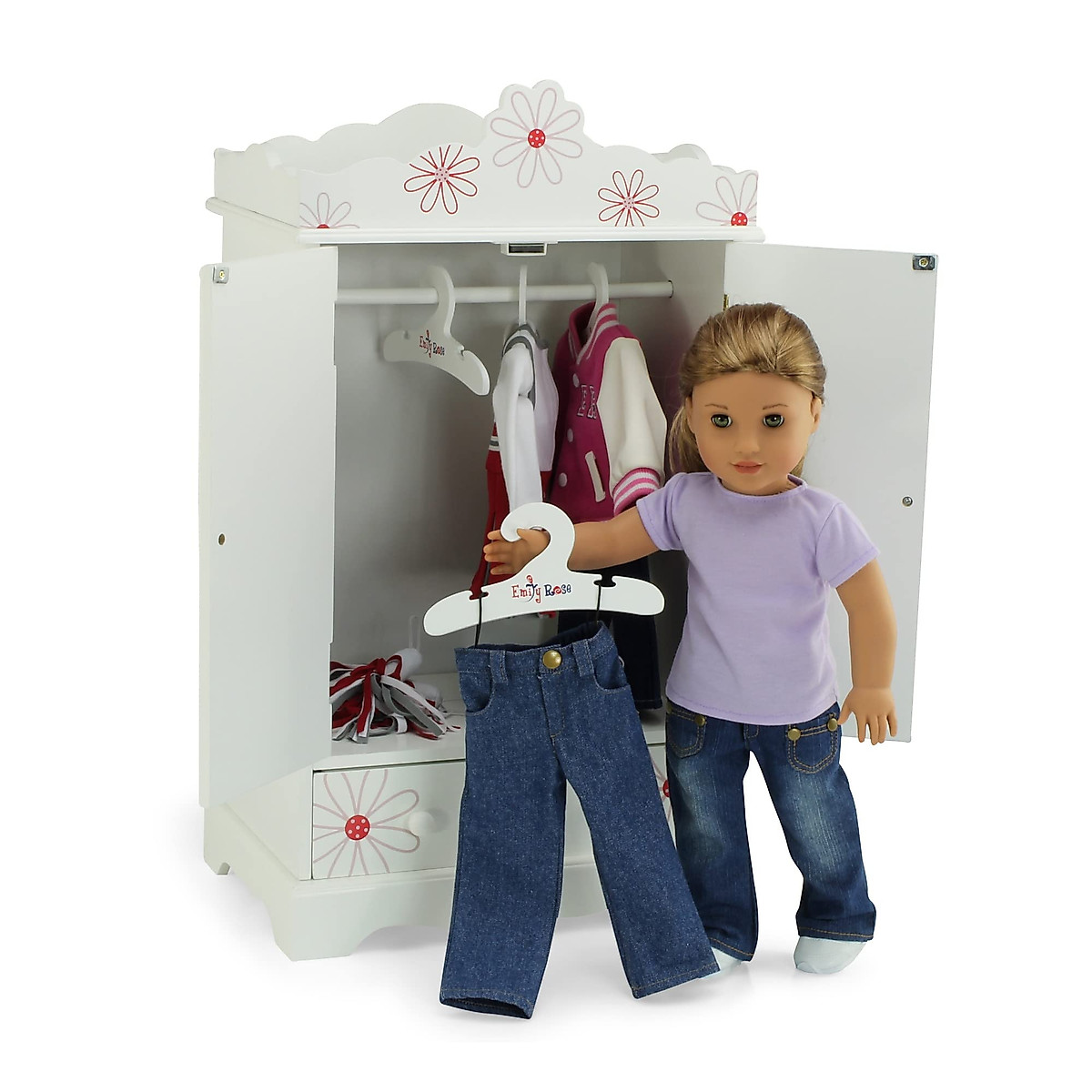 Emily Rose 18 Inch Doll Furniture Closet with 3 Clothing Hangers - Floral | USA Business | Wooden Doll Accessories Armoire Wardrobe Set - 18" Doll Clothes Storage Toy Playset