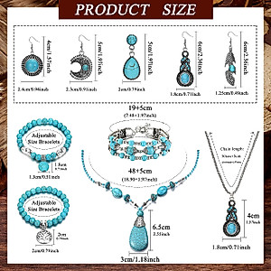 Florideco Bohemian Turquoise Jewelry Set Women Western Turquoise Pendant Necklace Layered Wrap Bangle Bracelet Turquoise Vintage Turquoise Dangle Earrings Boho Jewelry for Women A