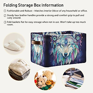 KJIZMO Wolf and Dream Catcher Foldable Storage Basket for Shelves, Collapsible Sturdy Storage Bin with Handles, Canvas Storage Cube for Organizing Closet 1PC