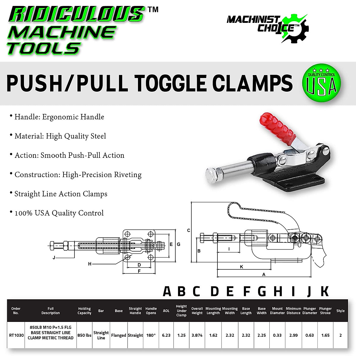 850LB M10 P=1.5 FLG BASE STRAIGHT LINE CLAMP METRIC THREAD