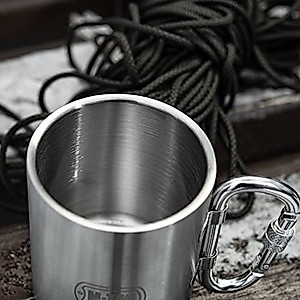 M-Tac 9.5oz Insulated Thermal Cup Mug - Double Wall Stainless Steel Thermo Tumbler with Collapsible Carabiner Handle - No Lid