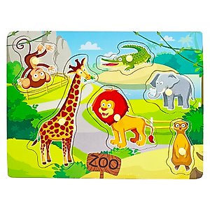 Wooden Peg Baby Puzzles, Full-Color Pictures Animal Shape Chunky Puzzle, Jumbo Knob Zoo Puzzle for Toddlers 18 Months and Up, 6Pieces