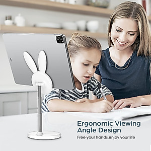 OATSBASF Cute Cell Phone Stand, Adjustable Bunny Phone Stand for Desk, Thick Case Friendly Holder Compatible with iPhone, Kindle, iPad, Switch, All Phones (White)