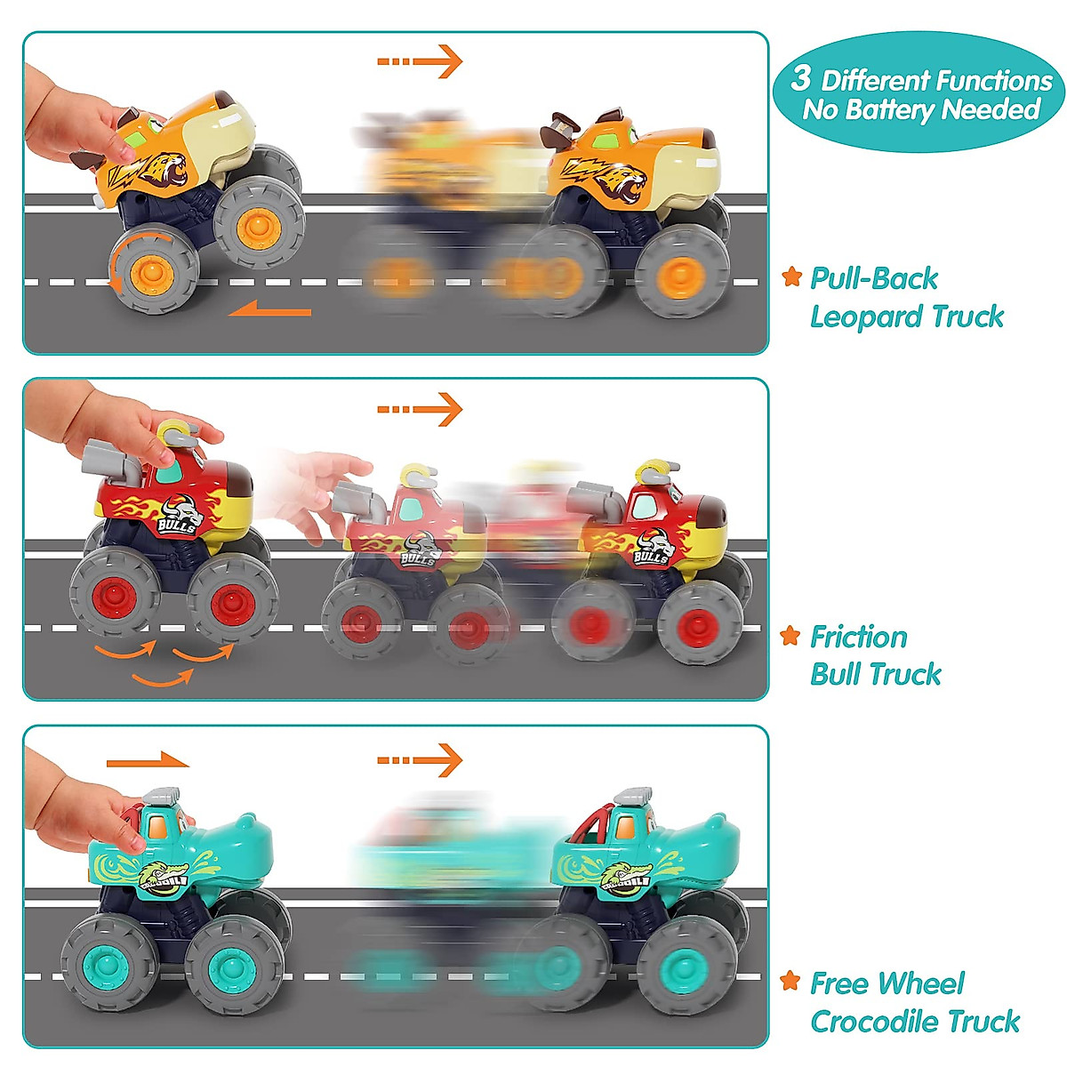 BABYFUNY 3 Pack Cars Toys for 1 Year Old Boy - Baby Monster Trucks Toy Cars for 2 Year Old Boys Dinosaur Toddler Trucks Toys, Pull Back Cars 1 2 3 Year Old Boy Gifts