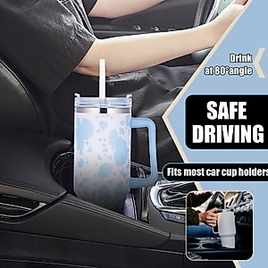 Xereizo 40 oz Tumbler with Handle and Straw, Leak Proof Stainless Steel Insulated Travel Coffee Tumbler Cups Lid and Straw, Iced for 40 Hours Cupholder Friendly Water Bottle Mug, Cow Stripe Glacier