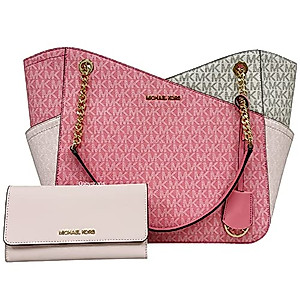 Michael Kors Jet Set Travel Large Chain Shoulder Tote Tea Rose Pink MK Signature Bundled Jet Set Travel Large Trifold Wallet Powder Blush Pink Saffiano