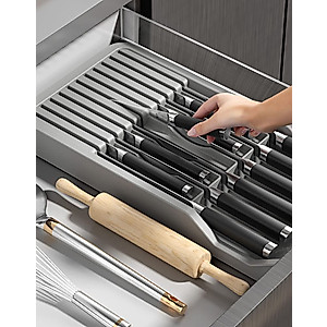 CYlovinho Kitchen Knife Drawer Organizer, Kitchen Drawer Organizer Insert Fixed 11 Knives (Without Knife), Save Space and Kitchen Safety (Gray)