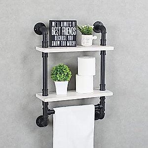 Industrial Pipe Shelving Bathroom Shelves Wall Mounted, 2-Layer 24in Rustic Wood Shelf with Towel Bar,Farmhouse Towel Rack Metal Floating Shelves Towel Holder (TypeA, White)
