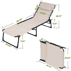NUU GARDEN Folding Oxford Chaise Lounge Chair, Patio Tanning Chair with Face Hole Adjustable 5-Position Folding Chaise Lounge Chairs, Reclining Lounge Chair with Pillow for Beach, Patio, Pool, Khaki