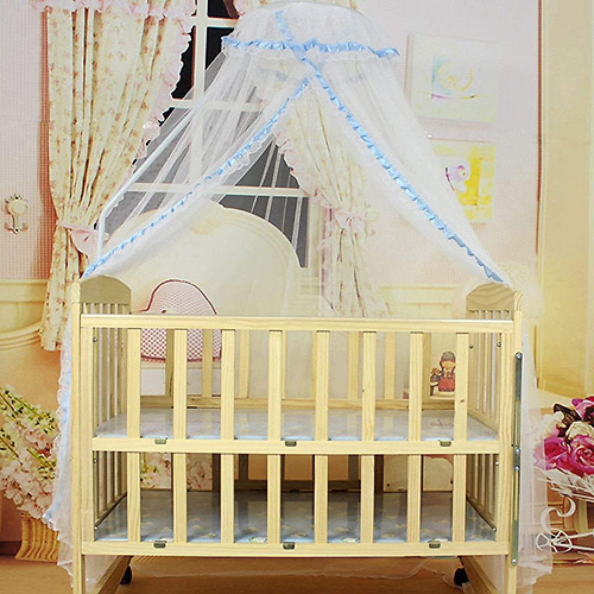 HEVIRGO Bed Canopy Mosquito Net, Hanging Travel Netting Curtains, Play Tent Bedding, Baby Bed Mesh Dome Curtain Mosquito Net Durable Toddler Crib Cot Canopy Bed Net - Beige