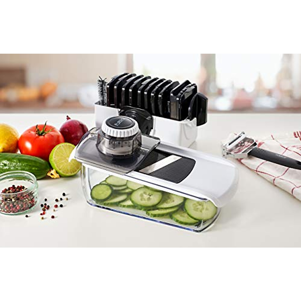 Fullstar 11 in 1 Mandoline Slicer, Vegetable Slicer & Cheese Grater | Kitchen Gadgets with Peeler, Spiralizer, Juicer, Egg Slicer & Julienne Cutter (+Safety Glove & Cleaning Brush)