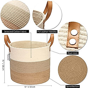 Sea Team Large Size Cotton Rope Woven Storage Basket with Handles, Laundry Hamper, Trunk Organizer, Clothes Toys Bin for Kid's Room, 15 x 13 inches, Round Open Design, Off White & Brown