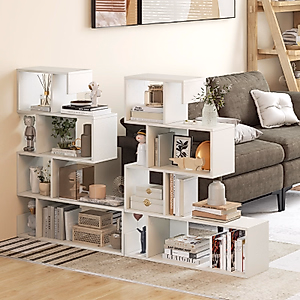 Tangkula S-Shaped Bookshelf, 5-Tier Modern Geometric Stepped Bookcase with Anti-Tipping Kits, Freestanding Corner Ladder Display Rack for Living Room Home Office (1, White)