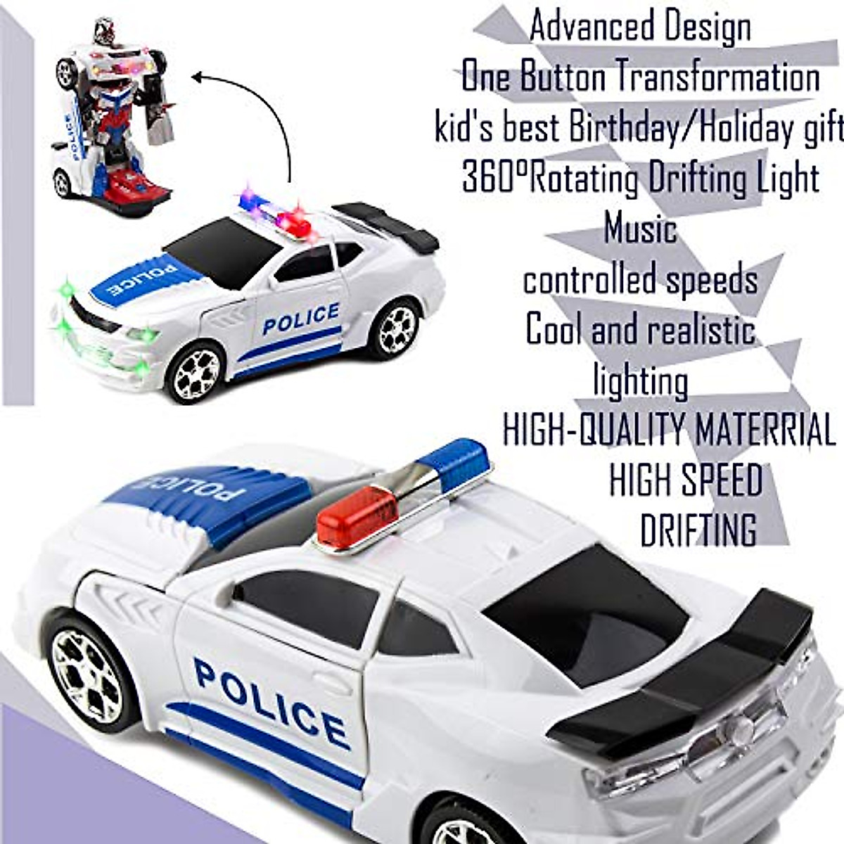 Toysery Transforming Robot Police Car with Light, Smart Robot Police Cars for Kids , Race Car to Robot Toy Transforming Toys for Boys, Bump and Go Toddler Car Robot Toys for Boys Age 7 to 9