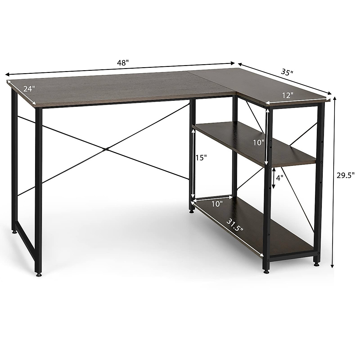 Tangkula L-Shaped Computer Desk with Reversible Shelves, 48 Inch Corner Computer Desk, Modern Writing Study Desk Home Office Workstation, Space Saving Design (48 Inch, Brown)