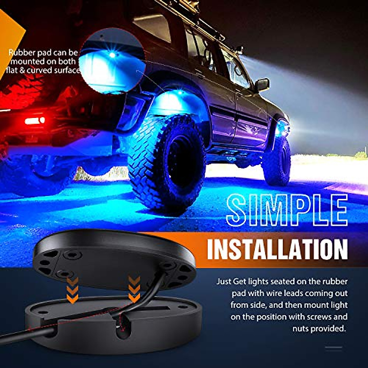 Nilight LED Rock Light 4PCS Blue Light Pods Waterproof Under Body Wheel Well Light Exterior Interior Lights for Car Truck Pickups ATV UTV SUV Motorcycle Boat, 2 Years Warranty