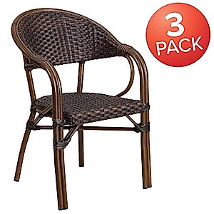 Flash Furniture 3 Pk. Milano Series Dark Brown Rattan Restaurant Patio Chair with Red Bamboo-Aluminum Frame