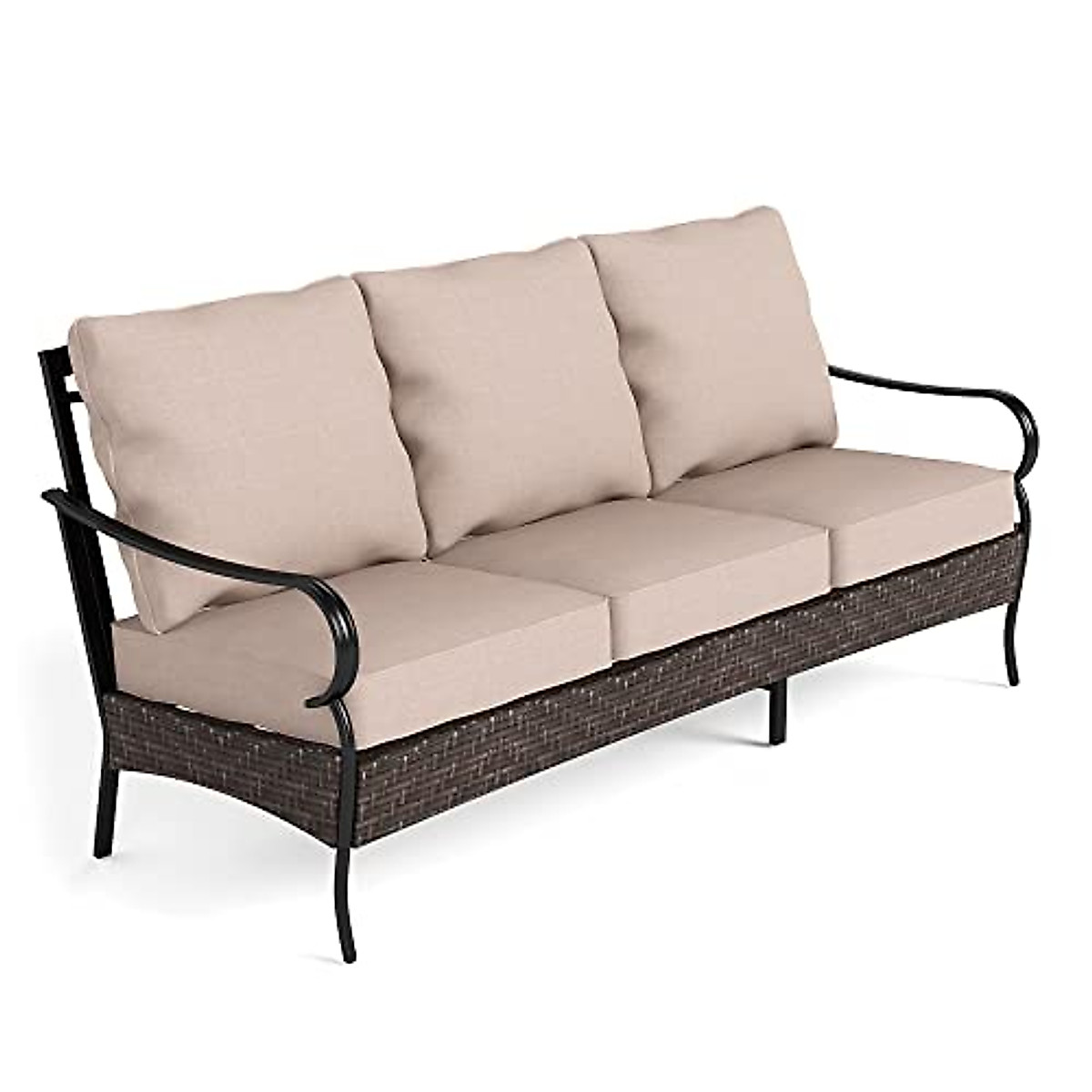 MFSTUDIO Outdoor Patio Furniture Set, 3-Seat Metal Patio Conversation Sofa, Outdoor Rattan Wicker Conversation Sofa Set with Cushion for Garden Porch Poolside,450 LBS