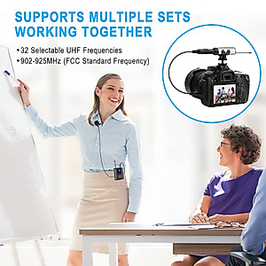 Hotec Wireless System with Dual Headset Microphones/Lavalier Lapel Mics and Bodypack Transmitters and One Mini Rechargeable Receiver 1/4" Output, for Live Performances