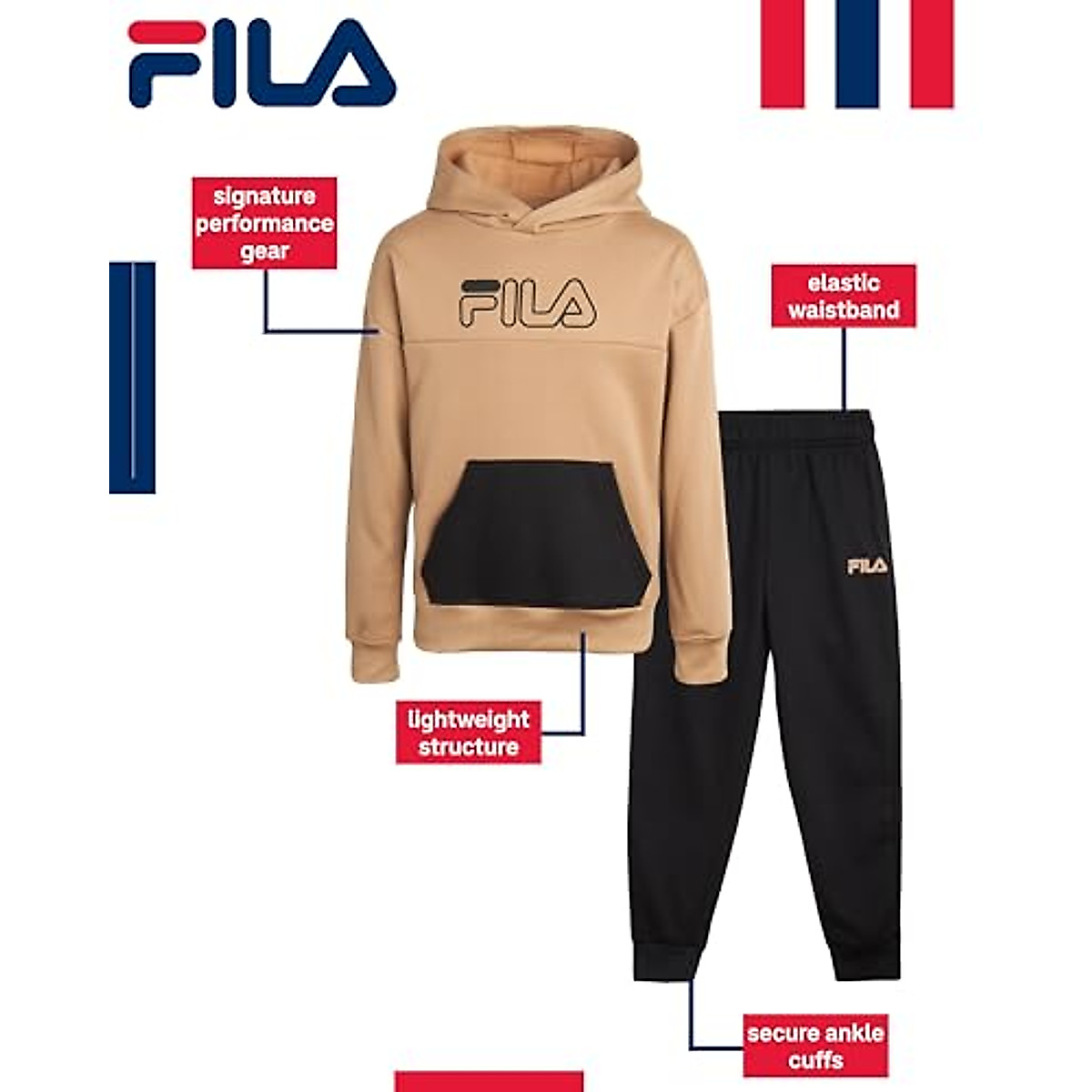 Fila Boys' Sweatsuit Set - 2 Piece Active Hoodie Sweatshirt and Jogger Sweatpants - Performance Activewear Set for Boys, 8-12, Size 12, Tan