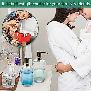 Bathroom Accessory Set,5 PCS Modern Premium Clear Glass Bath Accessories,Set of 2 Lotion Soap Dispenser,Toothbrush Holder,Qtip Holder & Acacia Wooden Tray,Gift for Home Decor & Countertop Organizer