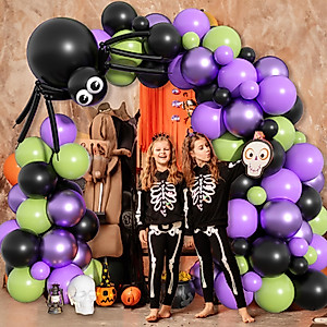 GRESAHOM Halloween Balloon Arch Garland Kit with DIY Big Spider Balloons, Purple Metallic Lime Green Black Balloons Garland with Eye Balloons for Kids Halloween Birthday Hocus Pocus Party Decorations