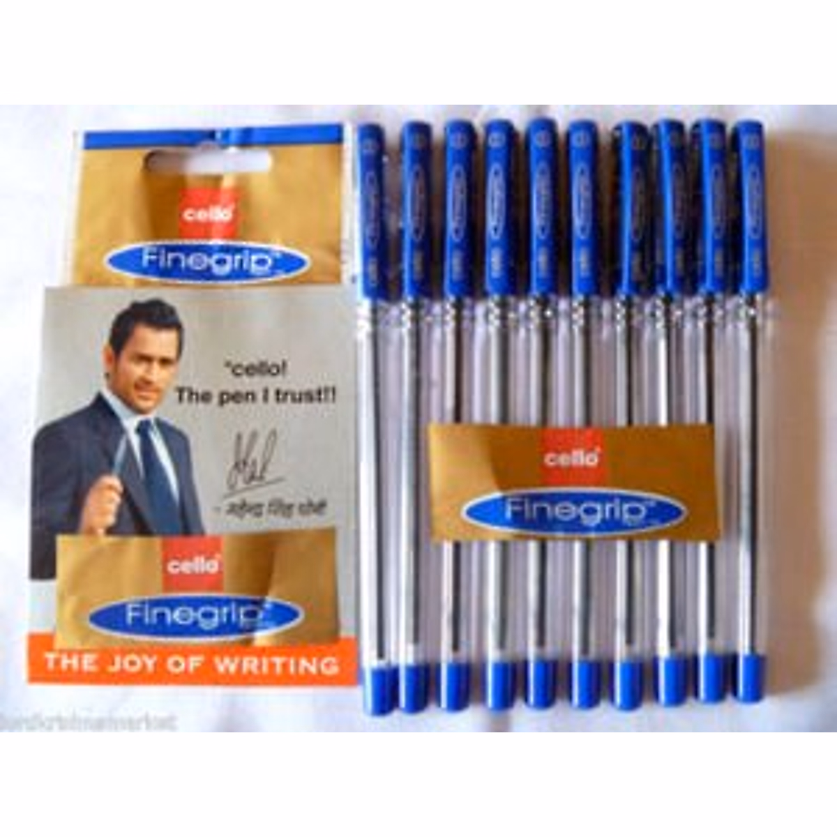 10 X Cello Fine Grip Non-stop Writing Ball Point Pen BLUE Ink Writing Ballpoint Pen # Brand Ad By Indian Cricketer Mahindera Singh Dhoni