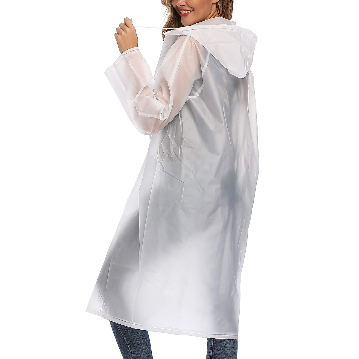 Besshopie Rain Poncho for Adults, Reusable Raincoat Emergency Rain Gear with Hoods and Sleeves White M