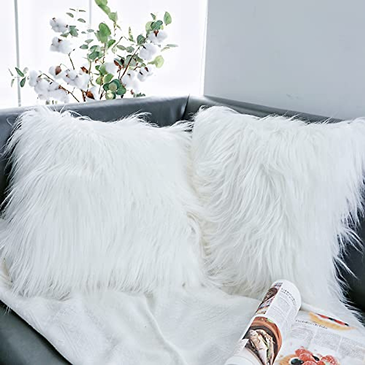 AerWo Fur Throw Pillows Fluffy Pillow Covers, Set of 2 Faux Plush Cushion New Luxury Series Merino Style Decorative Pillows Case for Couch Bed Living Room Car Chair, 18" x 18" (Off-White)