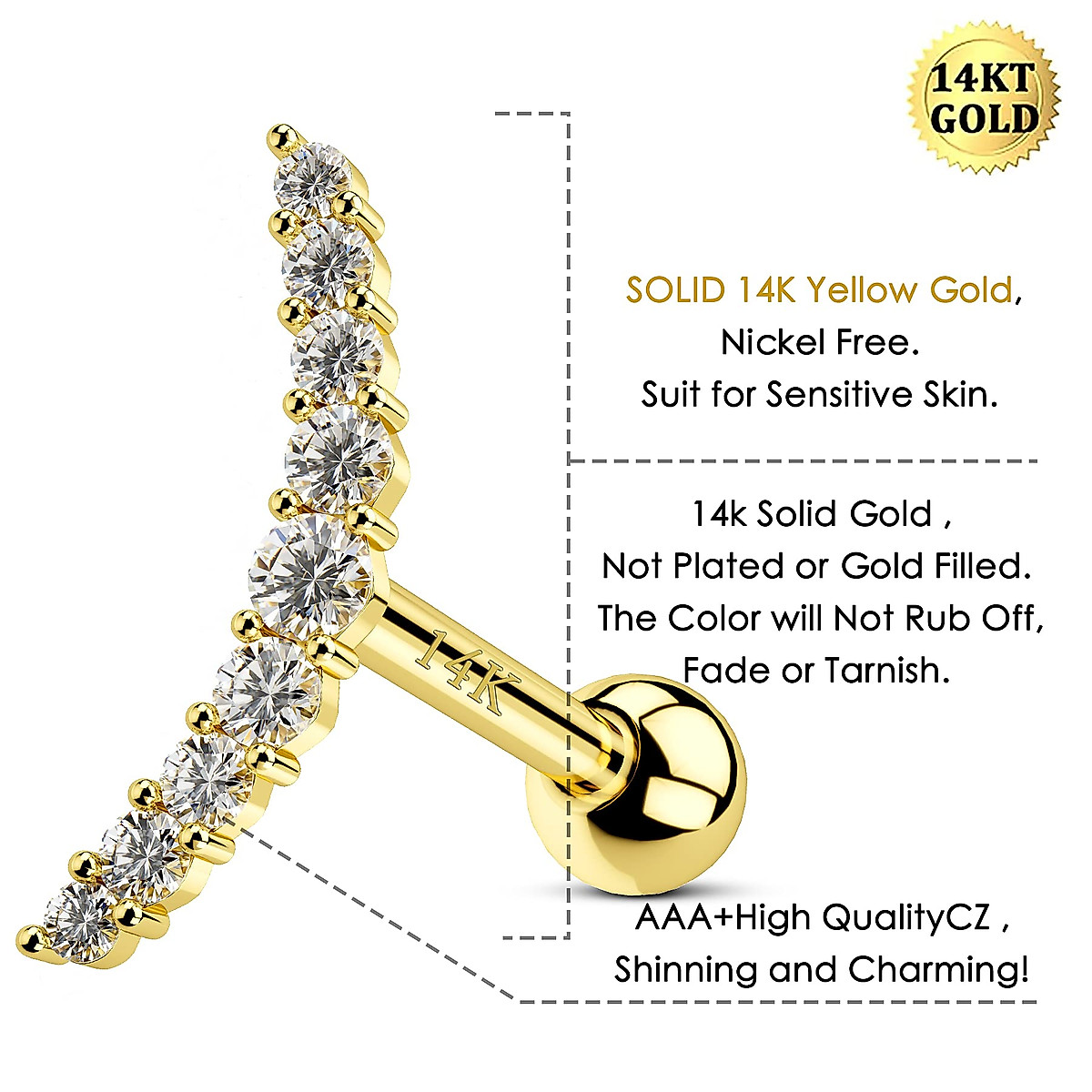 COCHARM 14k Solid Gold Helix Earrings Sud 16g Yellow Gold Climb Cartilage Earring Stud Real Gold 16 Gauge Helix Piercing Jewelry for Women