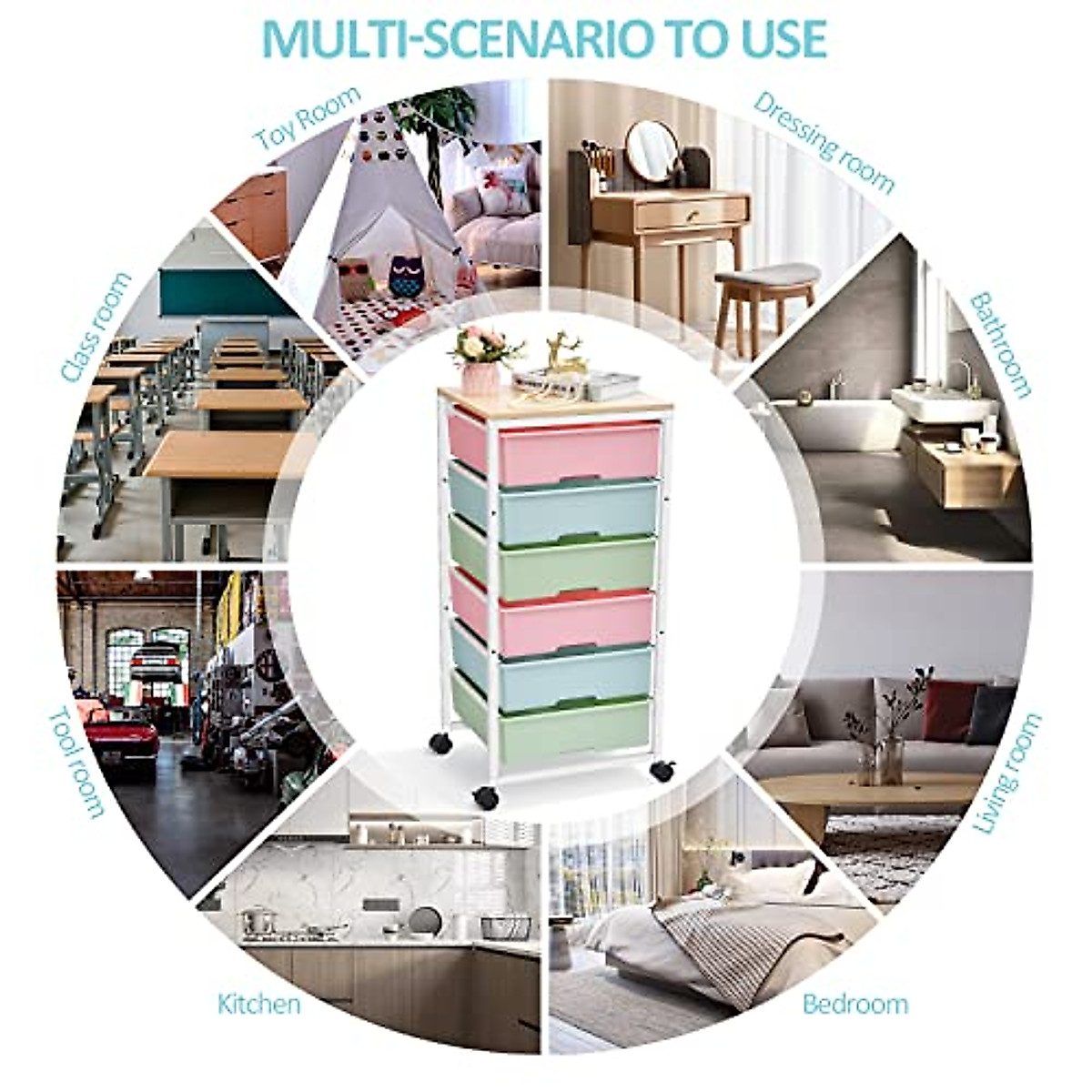 TOOLF Rolling Storage Cart with 6 Drawers, Wooden Tabletop, Easy Movement, Large Capacity, Durable Construction & Colorful Style in White Bar